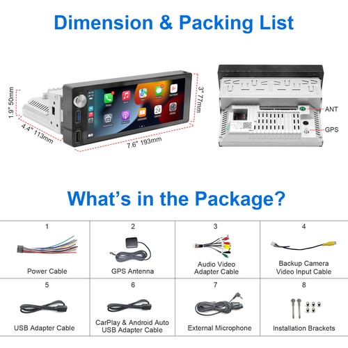 Single 1 Din Car Stereo Radio GPS For Apple/Android CarPlay 6.9" Touch ...