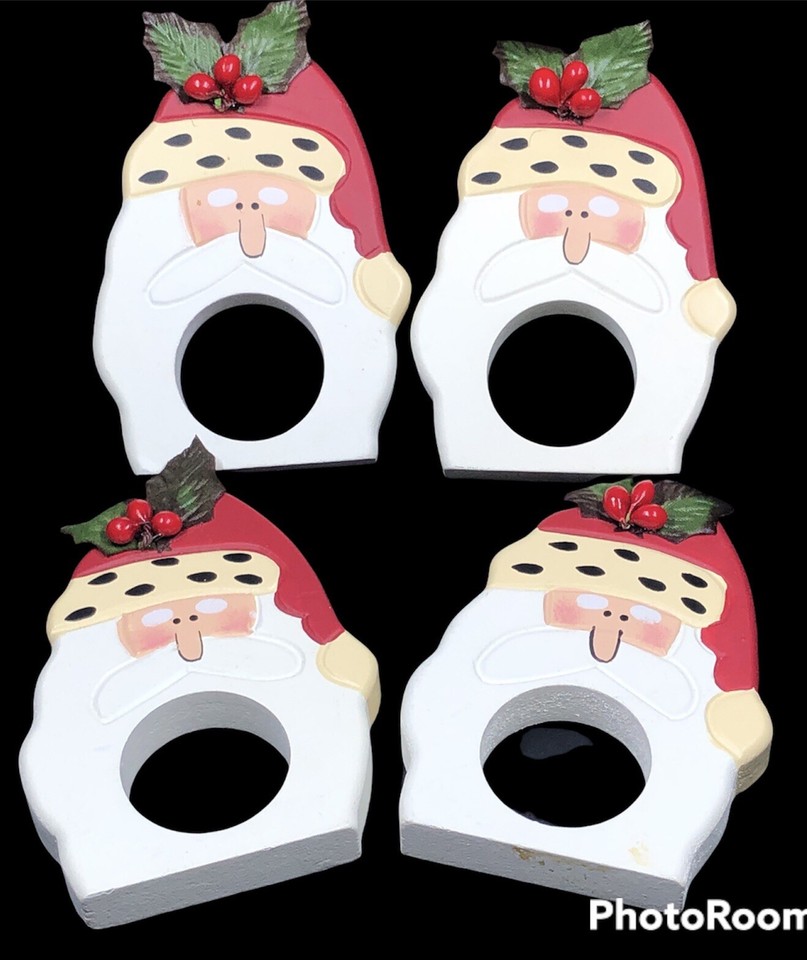 4 New Santa Claus Wood Napkin Rings Folk Art Style Handpainted 4” | eBay