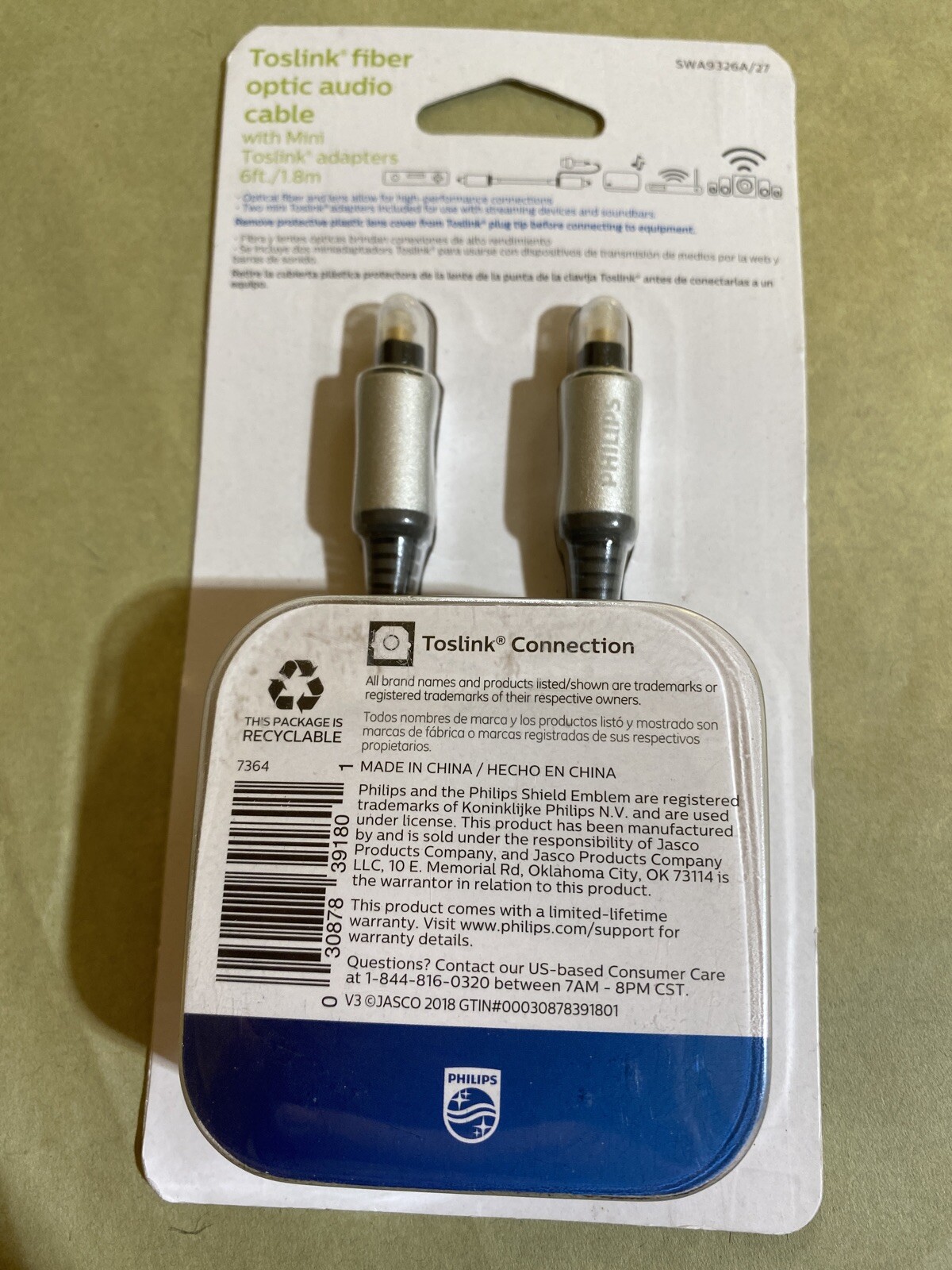 Philips 6' Elite Toslink Digital Fiber Optic Cable with 2 Mini Adapters ...