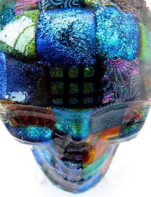 Dichroic Fused Glass Skull 3D Sculpture + Stand Halloween Skeleton FREE ...