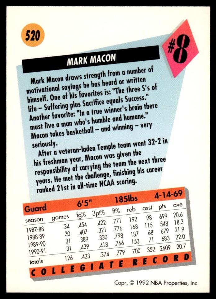 1991-92 SkyBox Mark Macon Rookie Denver Nuggets #520 | eBay