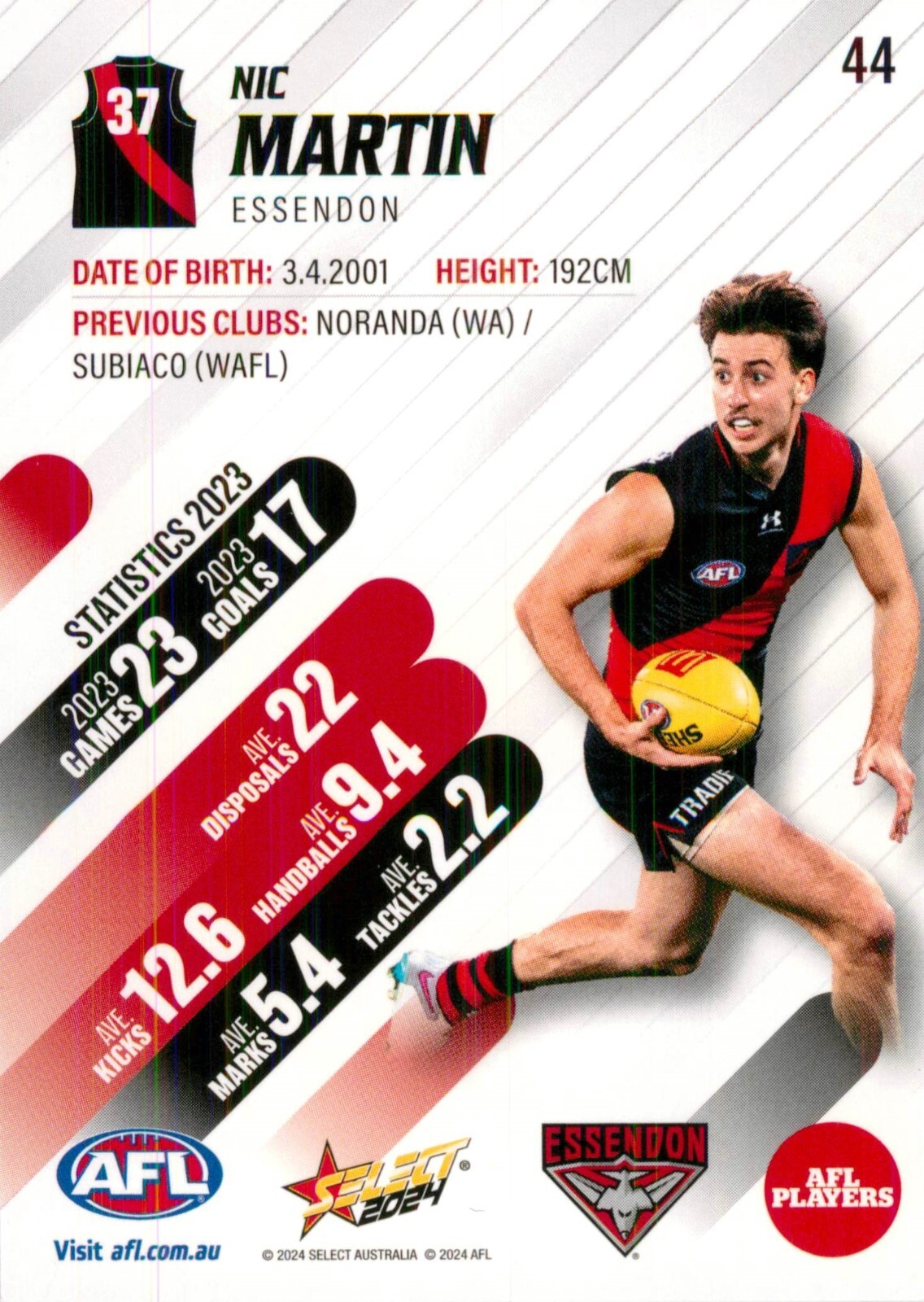 2024 Essendon Bombers AFL Select Footy Stars Card - Nic Martin | eBay