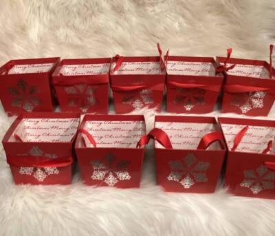 NEW - Lot/9 Square Red Party Favor Boxes Christmas Treat Ribbon Handle ...