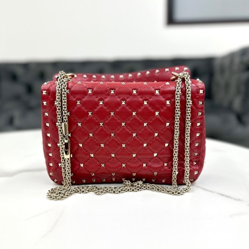 VALENTINO GARAVANI Spike Rockstud 2Way Shoulder Bag Red Gold Chain ...