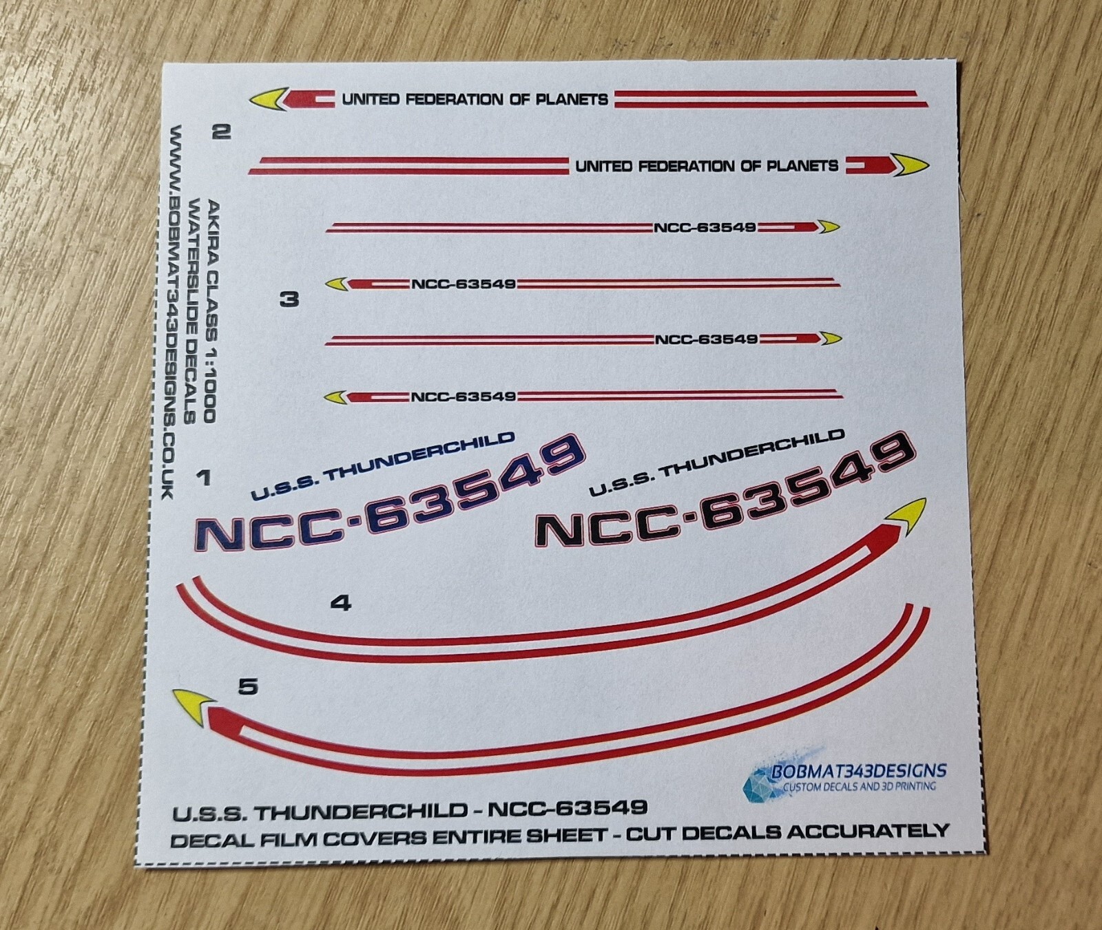 STAR TREK AKIRA CLASS USS THUNDERCHILD Decal Set for 1/1000 Scale Model ...