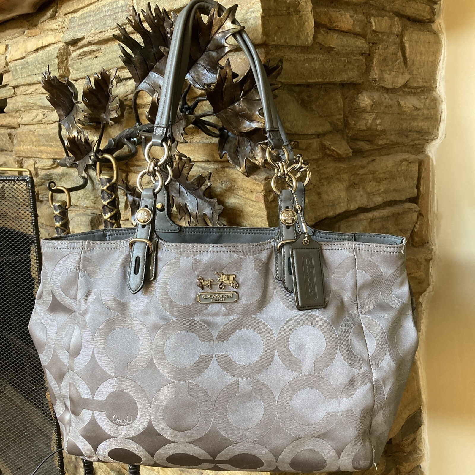 Coach Gray Metallic Signature Op Art Bag Satchel F157… - Gem