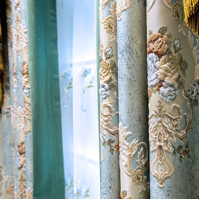 Custom European luxury jacquard blue cloth curtain tulle valance drape ...