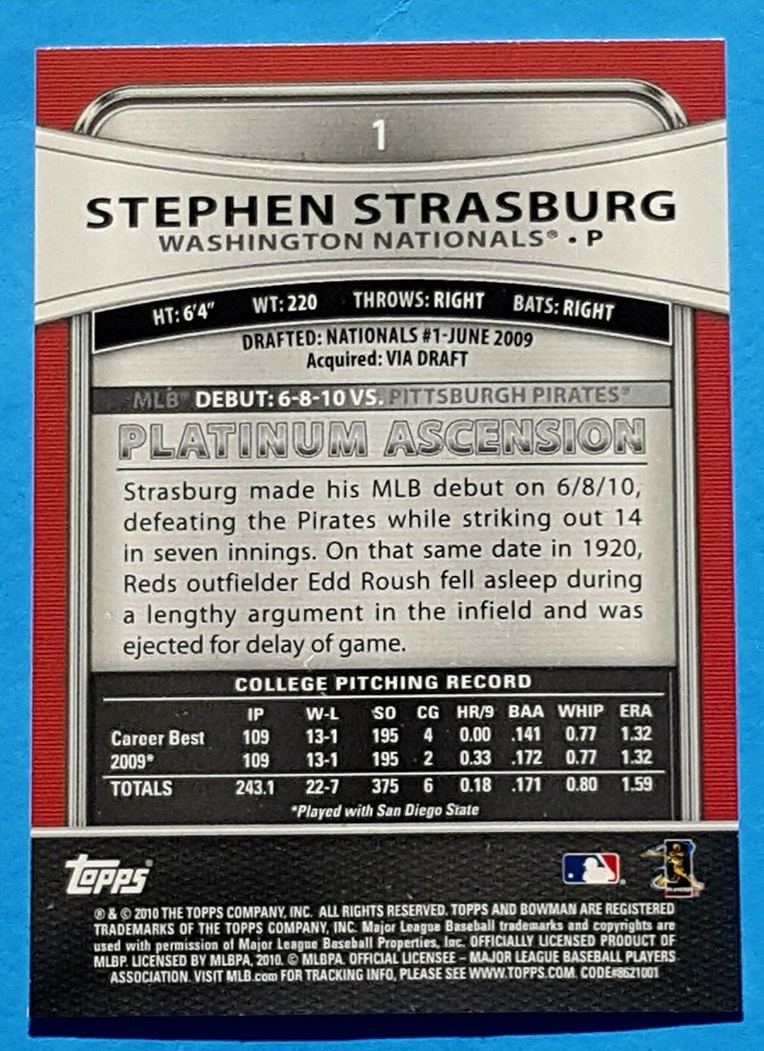 STEPHEN STRASBURG RC 2010 BOWMAN PLATINUM BASEBALL ROOKIE CARD #1 ...