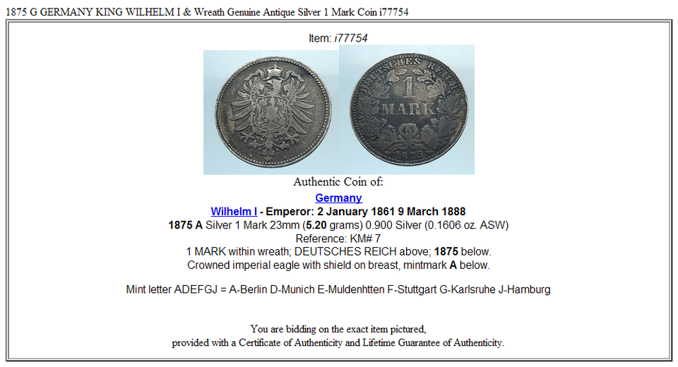 1875 G GERMANY KING WILHELM I & Wreath Genuine Antique Silver 1 Mark ...