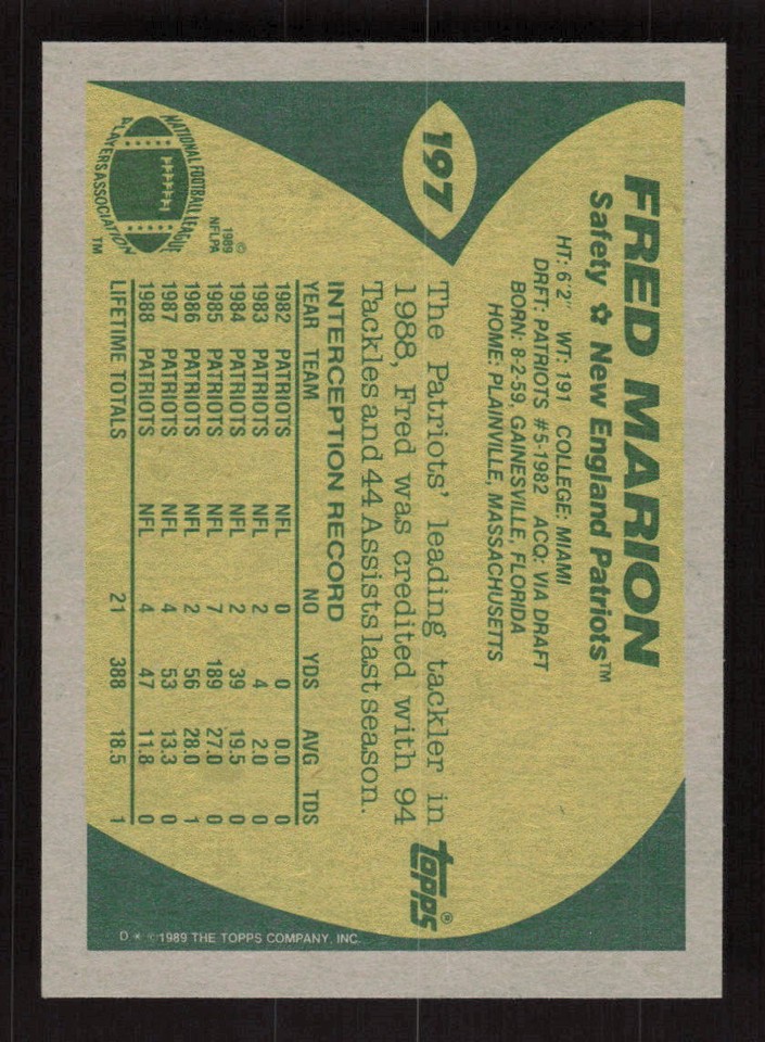 1989 Topps #197a Fred Marion New England Patriots | eBay