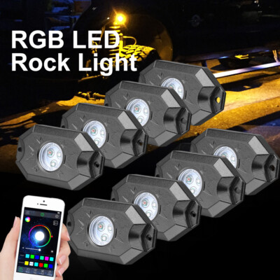 RGB LED Rock Lights 8-Pods Wireless Bluetooth Music Multi Color ATV UTV ...