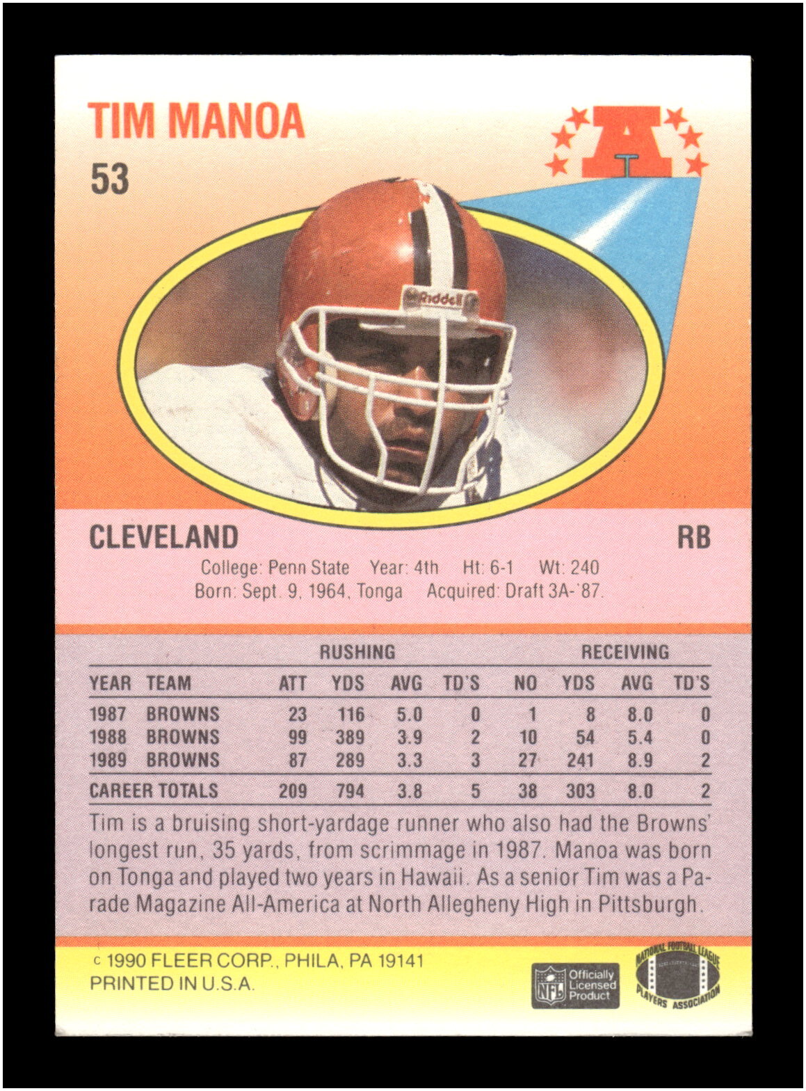 Tim Manoa 1990 Fleer Cleveland Browns Football Card #53 RC Rookie | eBay