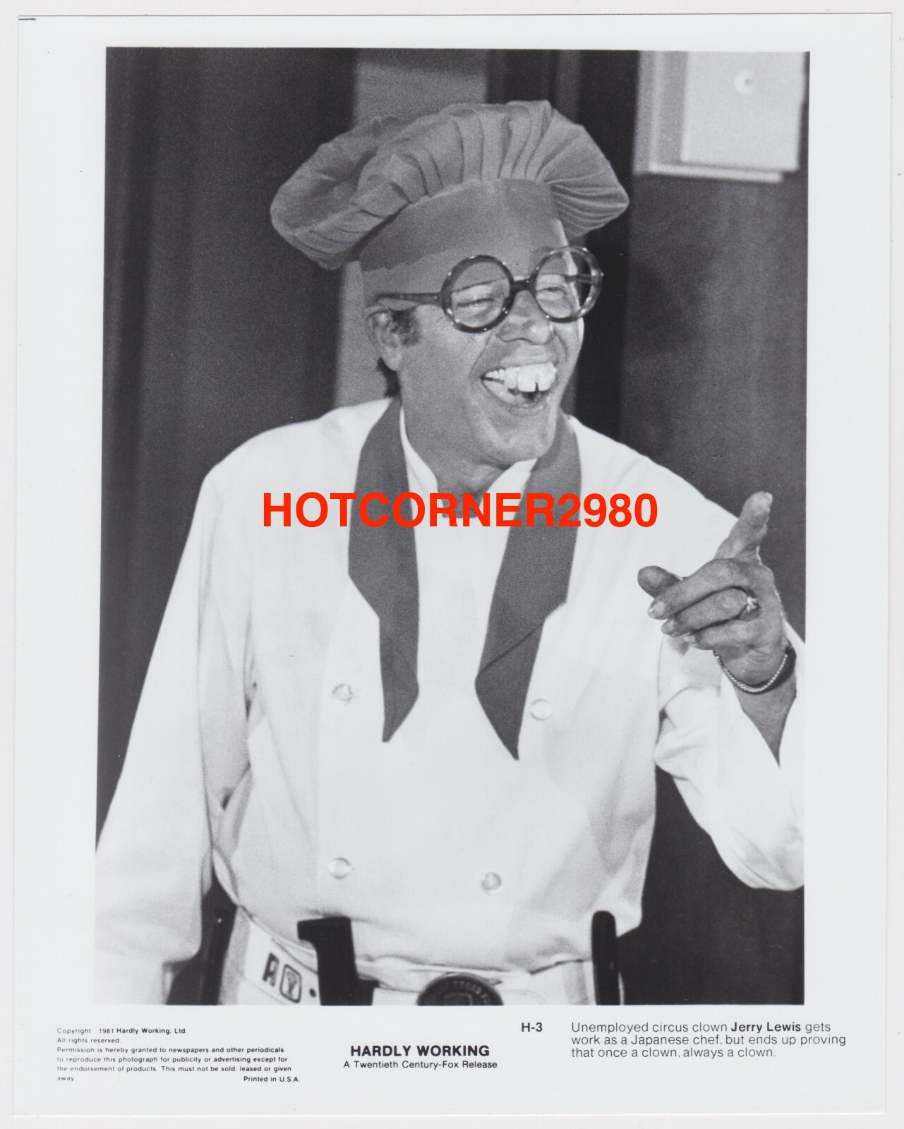 HARDLY WORKING JERRY LEWIS 1981 ORIGINAL 20TH CENTURY FOX VERTICAL 8X10 ...