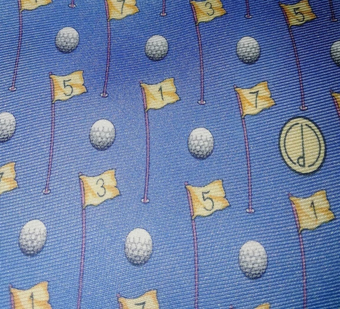 Dunhill Golf Motif Blue Yellow Golf Flags Tie All Ove… - Gem