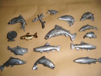Vintage Pewter Job Lot Fishing Themed Stud Pin Badge brooches all Maker ...