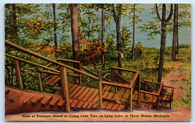 POSTCARD Treasure Island at Camp Lone Tree on Long Lake at Three Rivers ...