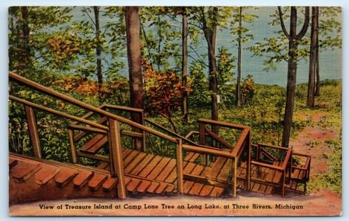 POSTCARD Treasure Island at Camp Lone Tree on Long Lake at Three Rivers ...