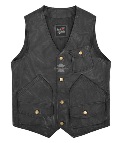 Men's Biker Leather Vest Real Cowhide Hunter Shooter Rock Punk ...