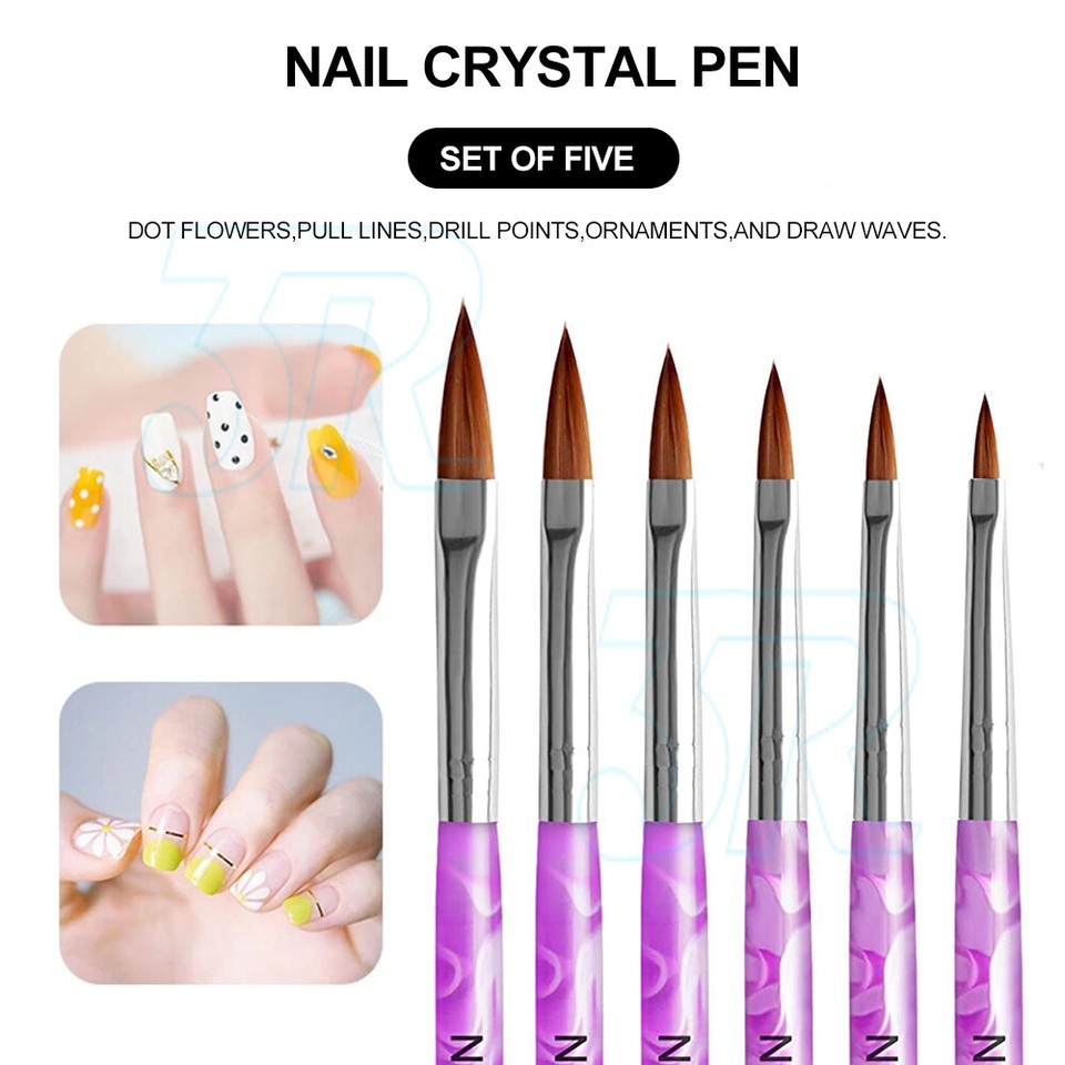 Set of 6 Nail Art Acrylic Brushes Size 2 4 6 8 10 12 Gel Drawing Polish ...