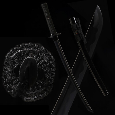 Sharp Full Tang Japanese Samurai Katana All Black Sword Wakizashi T10 ...