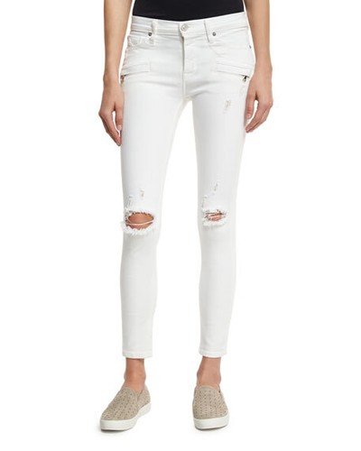 Hudson Roe Mid-Rise Super Skinny Ankle Jeans Ripped Knee Stretch Ivory ...