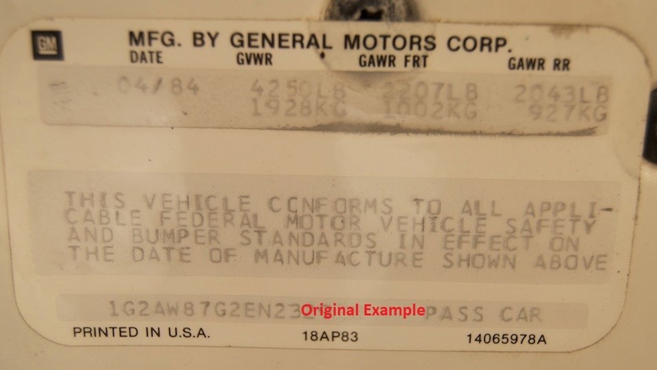1984 GM VIN Door Decal Sticker Date & VIN Printed Z28 SS 442 Corvette ...