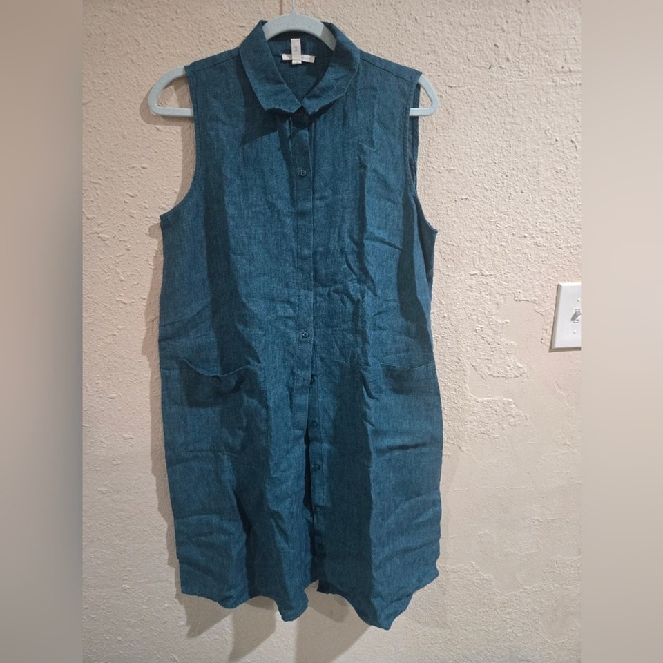 Eileen Fisher Washed Organic Linen Délavé Sleeveless Shirtdress, Nile ...