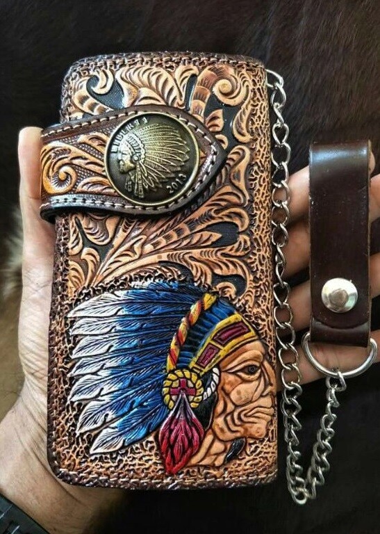 Indian Chief Carved Wallet Handmade Cowboy Wallet Mens Bifold Wallet ...