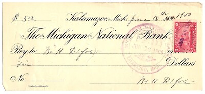 1900 bank check to Defoe.The Michigan National Bank with tax stamp. | eBay