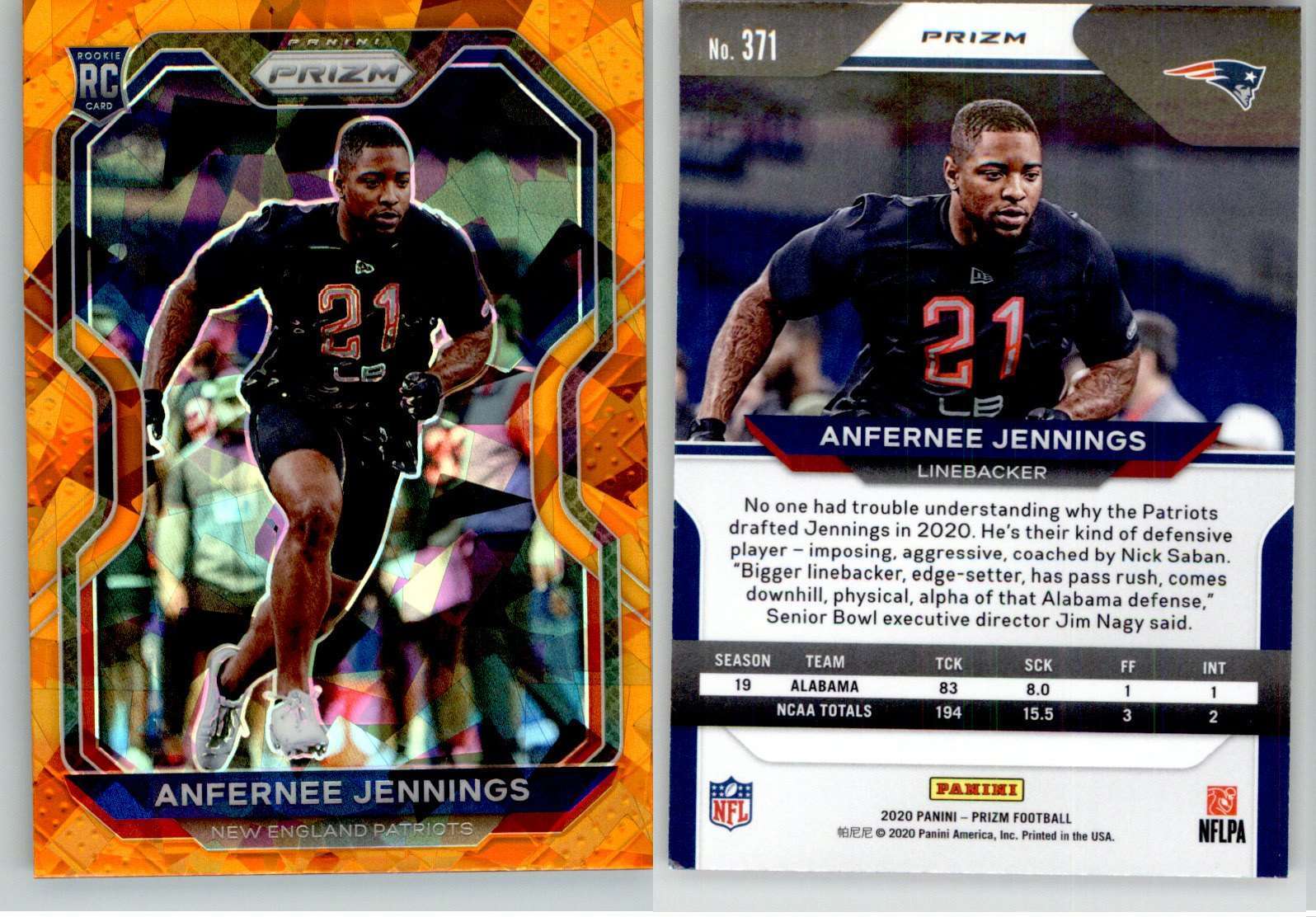 Anfernee Simmons 2020 Prizm Fanatics Orange Ice #371 Patriots RC Rookie ...
