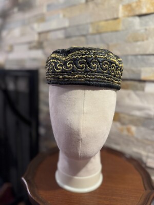 Muslim Kufi Embroidered Black & Gold Topi Islamic Prayer Cap Alladin ...