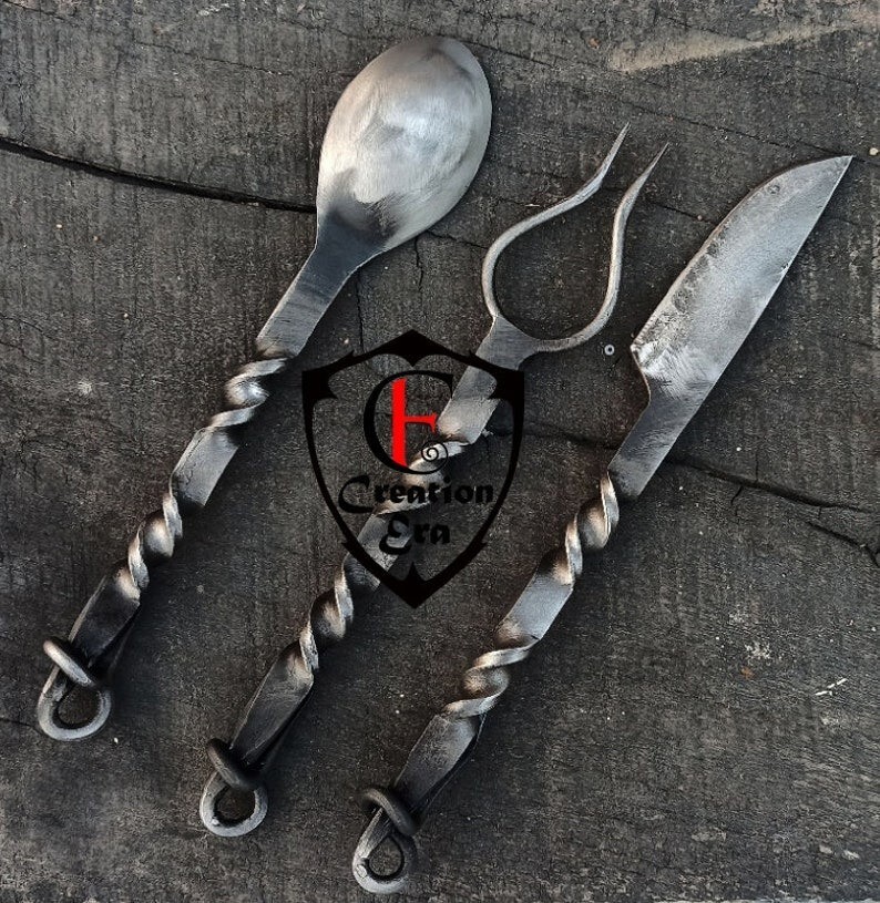 Medieval Cutlery Set Hand Forged Iron Spoon, Knife & Fork Viking Feast ...