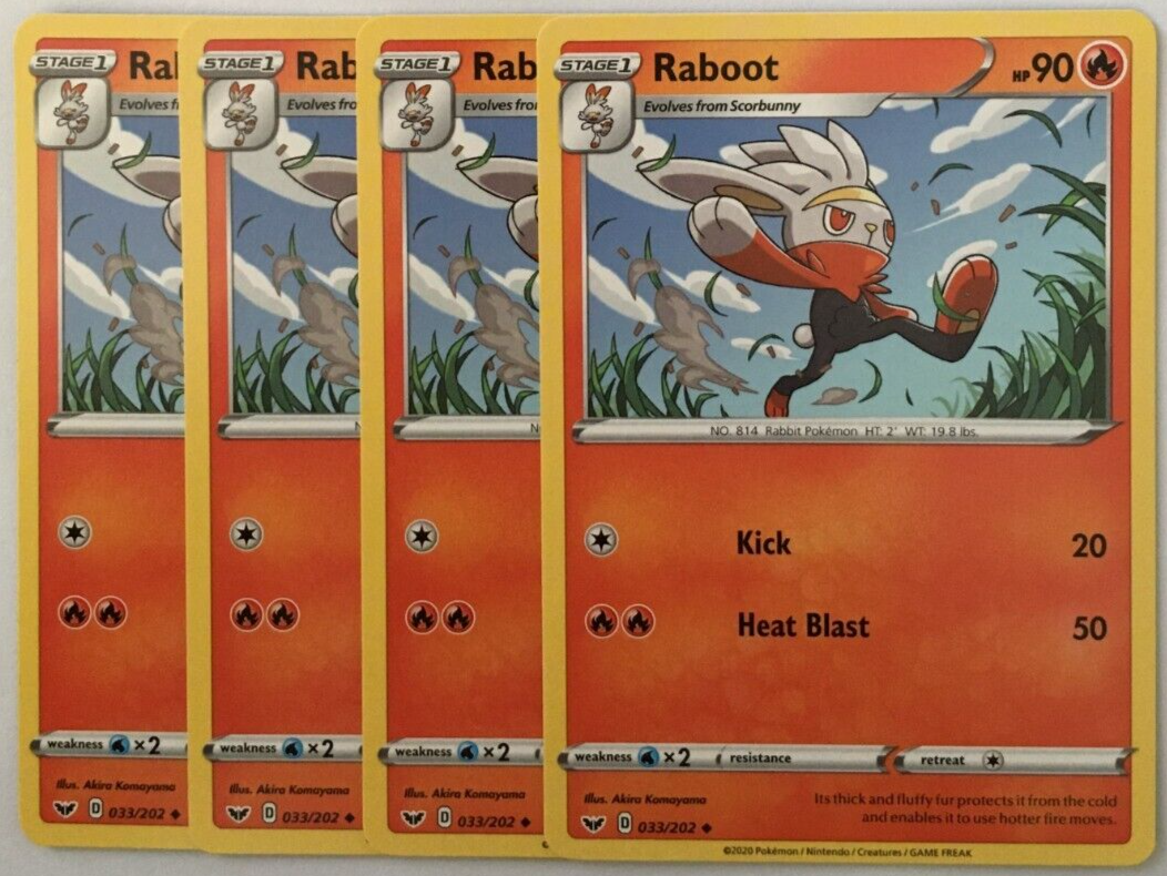 POKEMON 4X RABOOT 033/202 SWORD & SHIELD UNCOMMON NEAR MINT-PLAYSET | eBay