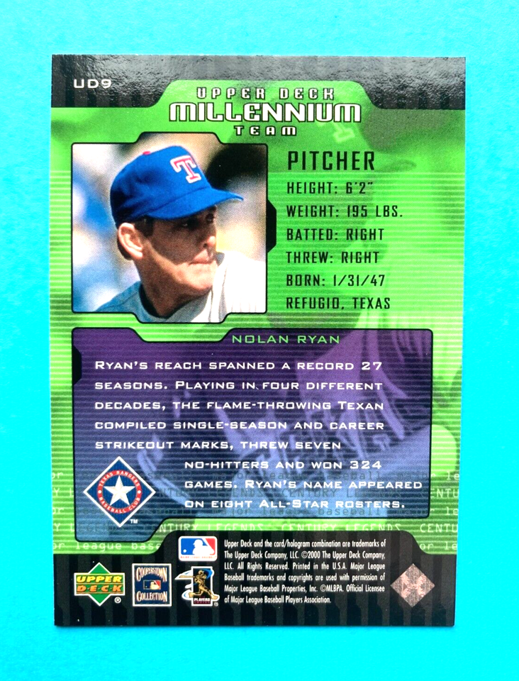 Nolan Ryan 2000 Upper Deck "Millennium Team" Holo #UD9 Texas Rangers | eBay