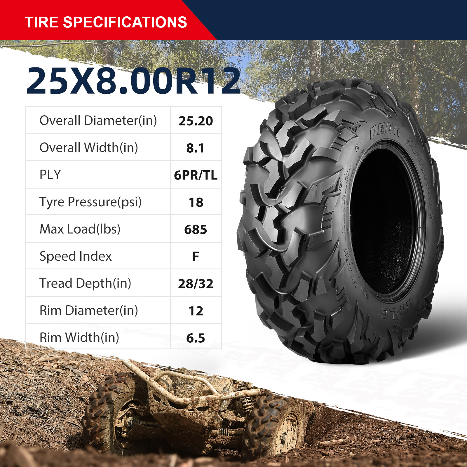 OBOR Riple 25X8X12 25X10X12 ATV UTV Tires Radial Mud 6PR Heavy Duty ...