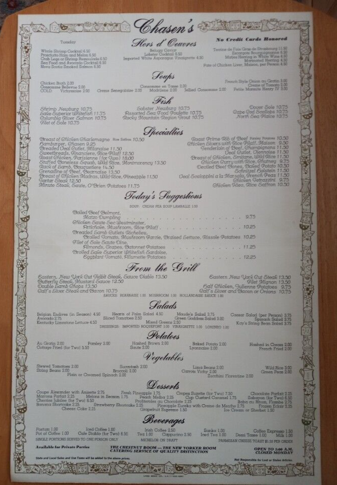 Vintage 70's Legendary Old Hollywood Chasen's Restaurant Tuesday Dinner ...