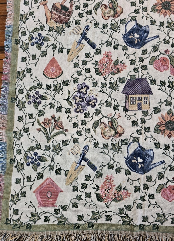 Goodwin Weavers Tapestry Throw Blanket Fringe Floral Birds Birdhouses ...