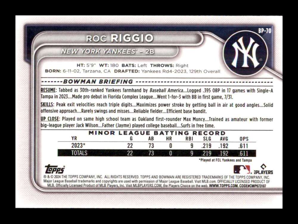2024 Bowman Roc Riggio #BP-70 New York Yankees Rookie RC | eBay