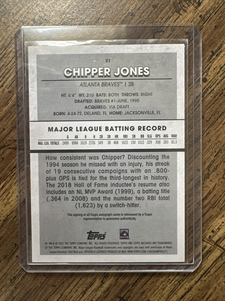 2022 Topps Archives Snapshots - #21 Chipper Jones Auto Atlanta Braves ...