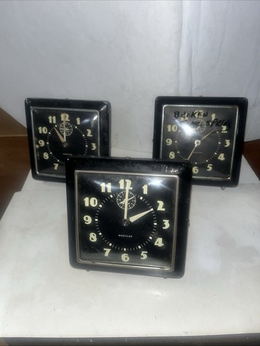 Three Vintage WESTCLOX USA SPUR Wind-Up Alarm Clocks Black Radium dial ...