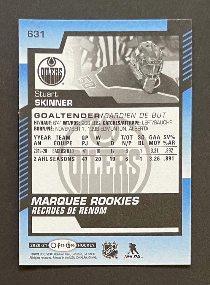 2020-21 O-Pee-Chee Update Blue Border 631 Stuart Skinner Edmonton ...