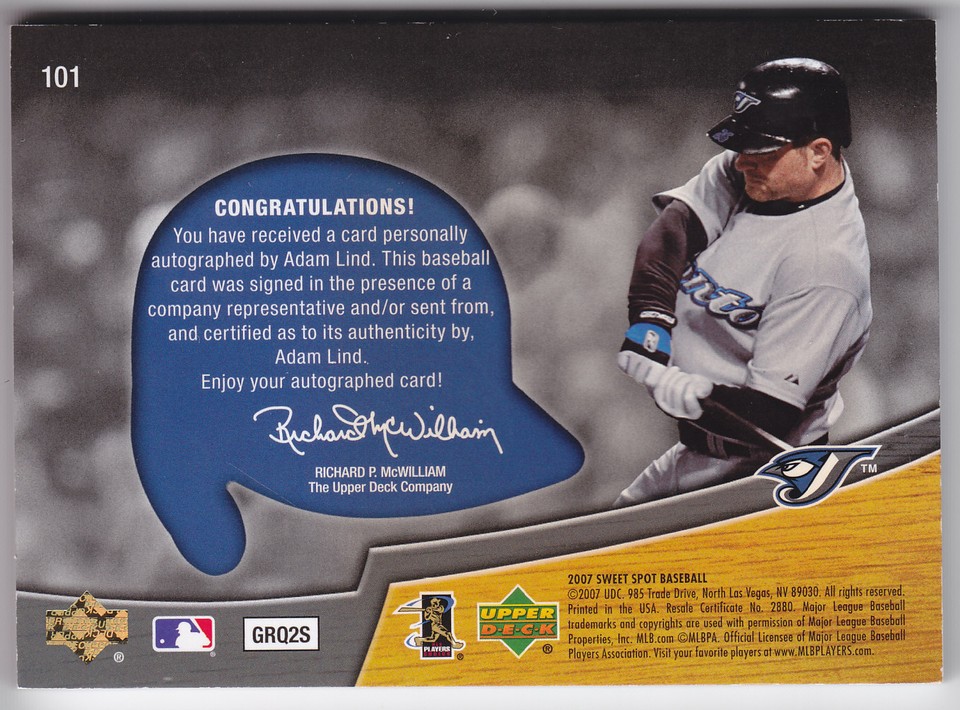 2007, UD Sweet Spot, #101 Adam Lind, AUTOGRAPHED RC, INV438 | eBay