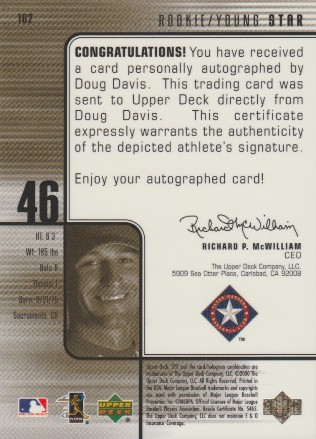 Doug Davis 2000 UD SPx RC rookie Young Star auto autograph card 102 / ...