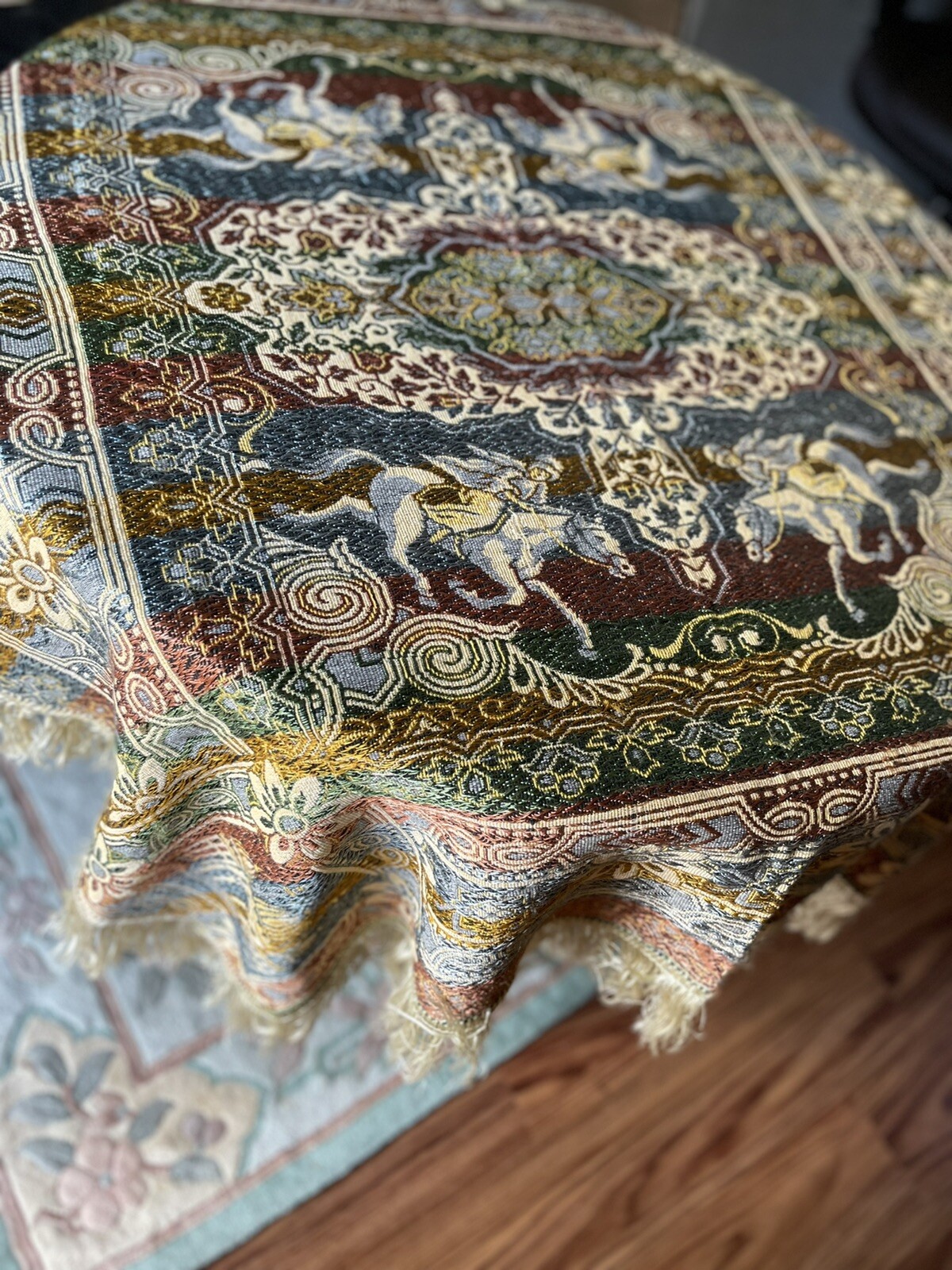 ANTIQUE FRINGED HAND PAINTED TABLE CLOTH PIANO COVERLET TAPESTRY ...