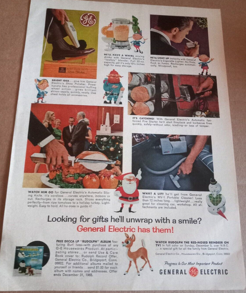 1965 print ad -General Electric home appliances Rudolph reindeer santa ...
