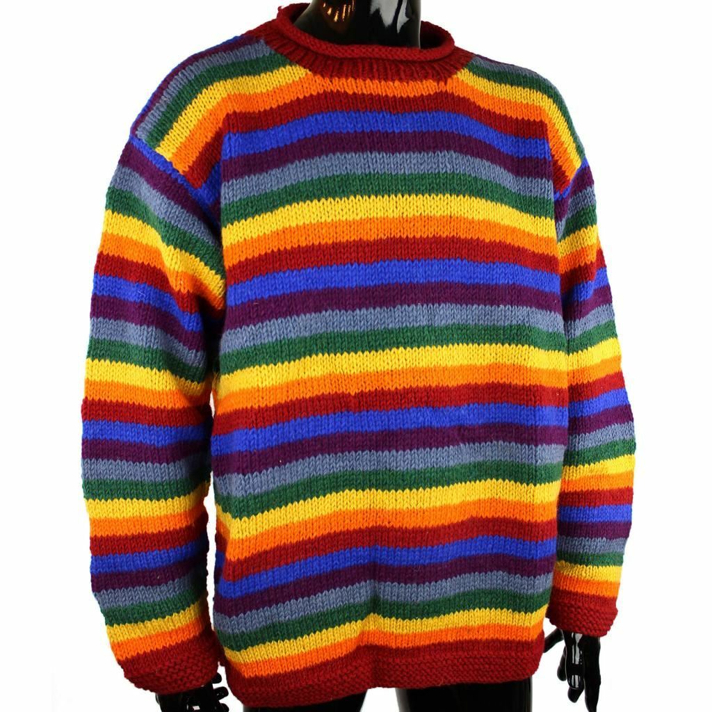 RAINBOW STRIPE HIPPIE JUMPER BOHO FAIR TRADE NEPAL WOOL KNIT 3 Sizes ...