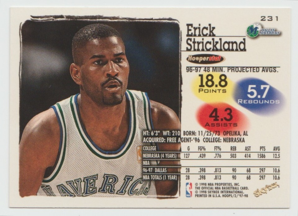 1997-98 NBA Hoops Basketball #231 Erick Strickland RC - Dallas ...