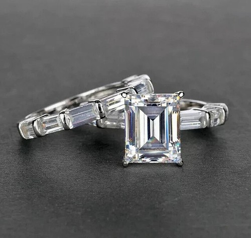 2Ct Emerald Cut Lab Created Diamond Wedding Ring Set 14K White Gold ...