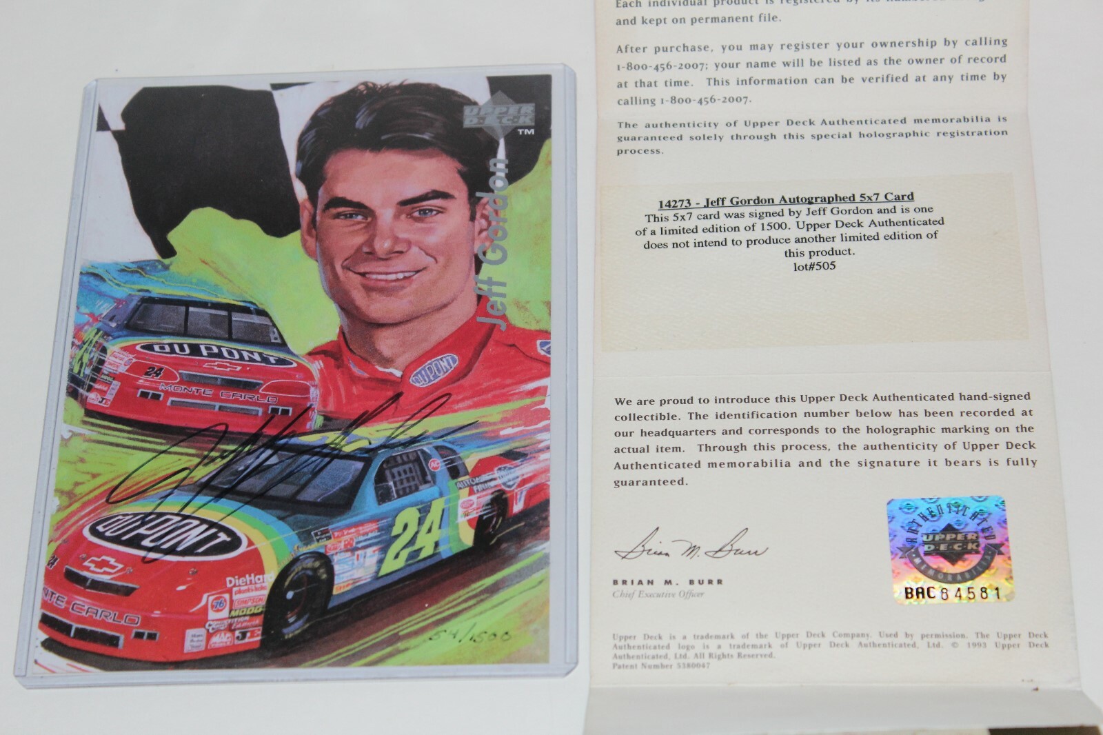Upper Deck Authenticated 5 x 7 Jeff Gordon Autograph Card with ...