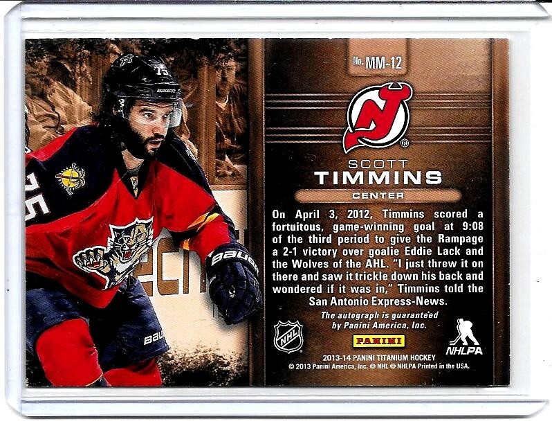 2013-14 PANINI, SCOTT TIMMINS, TITANIUM METALLIC MARKS BRONZE #MM-12 ...